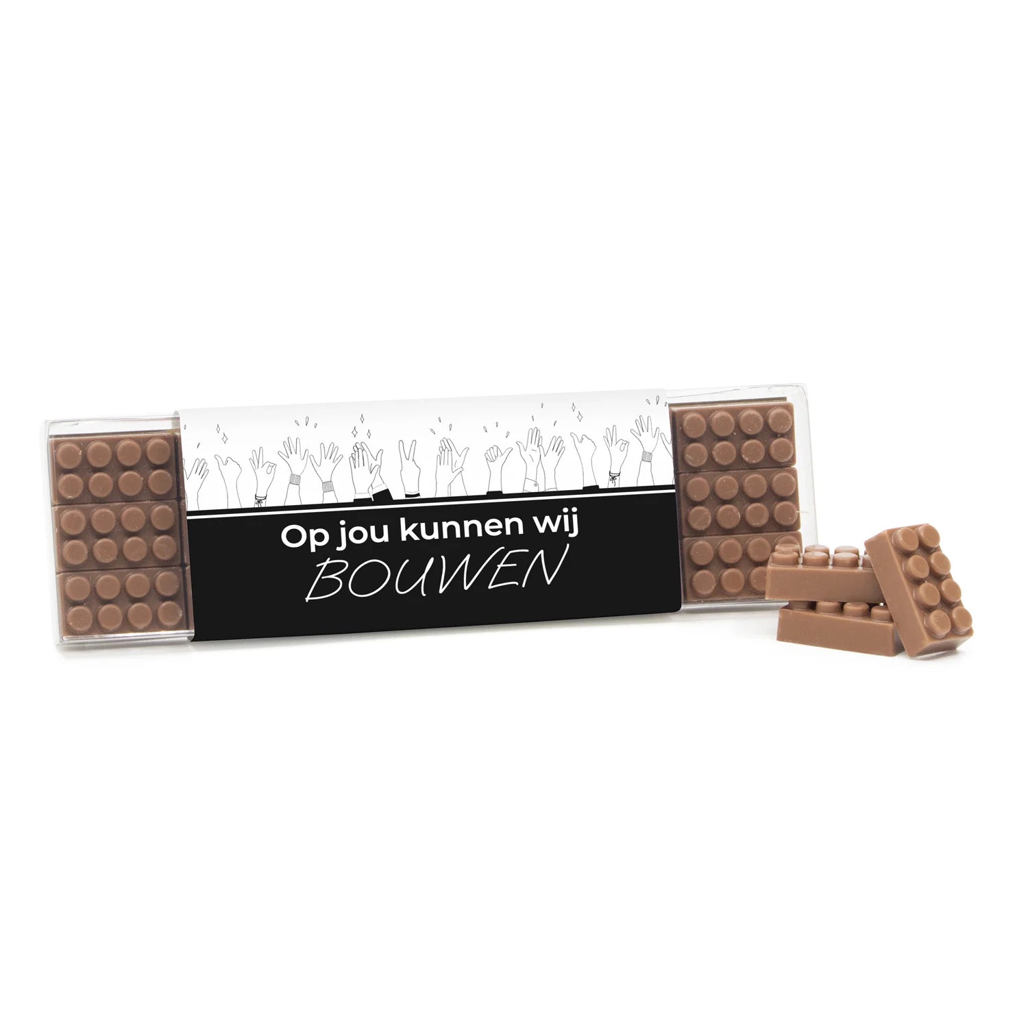 Box met 18 chocolade bouwstenen eigen sleeve - Zakelijk – Bedankjes.nl
