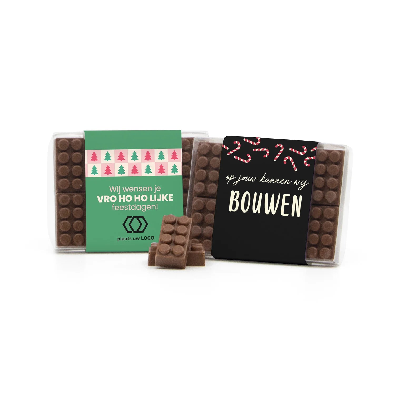 Doosje met 10 chocolade bouwstenen eigen sleeve - Kerst – Bedankjes.nl