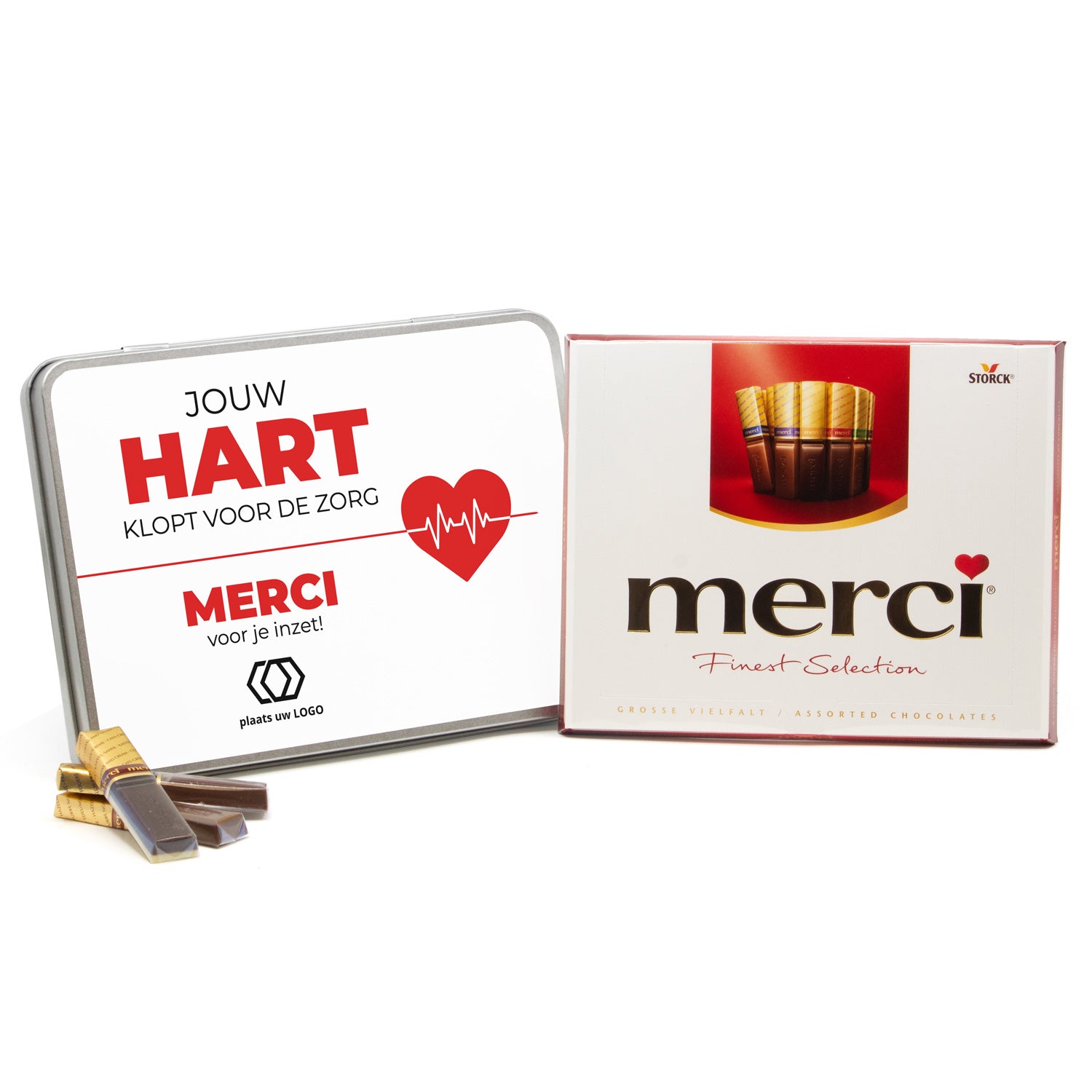 Merci 250 gram in persoonlijk blik met logo - Verpleging – Bedankjes.nl