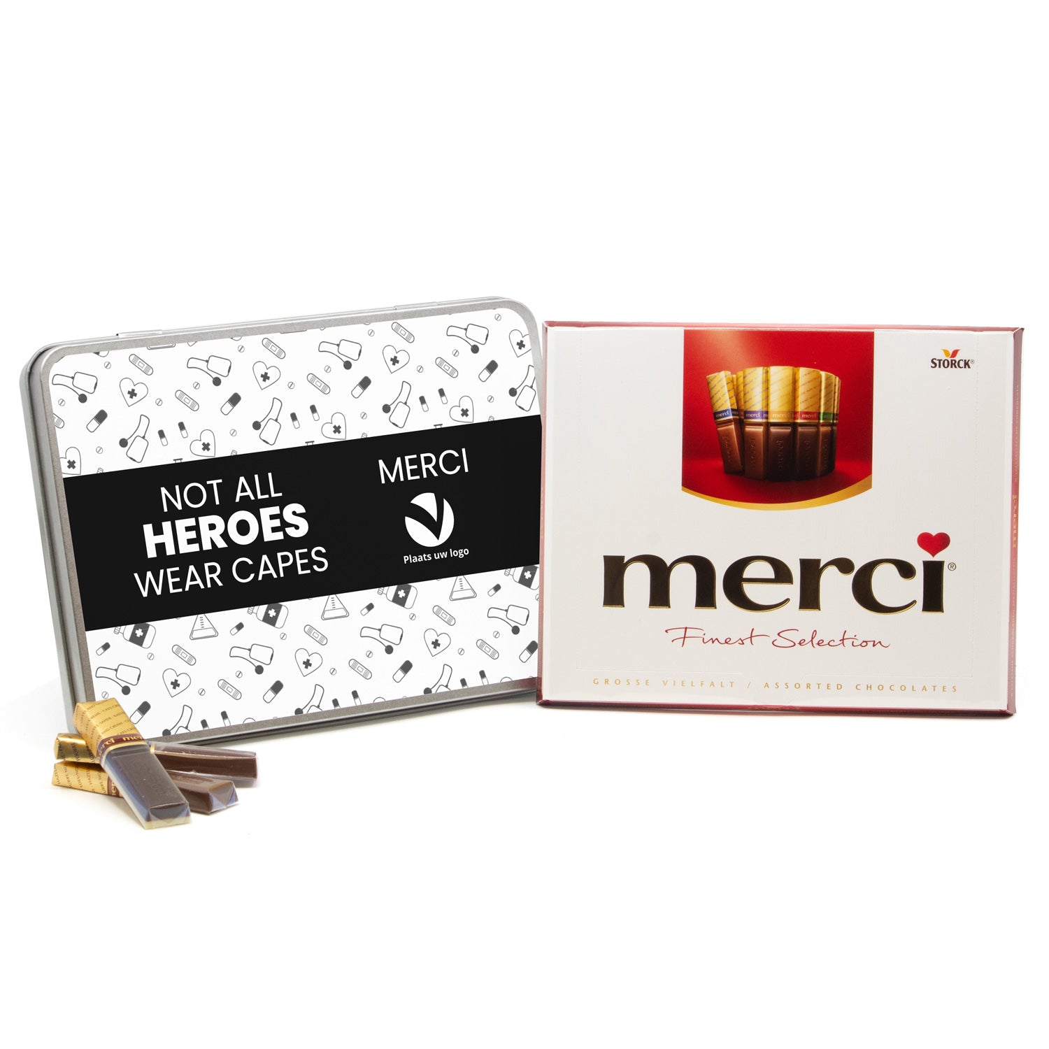 Merci 250 gram in persoonlijk blik met logo - Verpleging – Bedankjes.nl