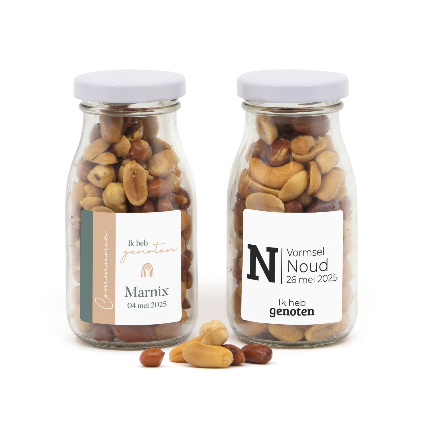 Glazen melkflesje met verse nootjes - Communie jongen – Bedankjes.nl